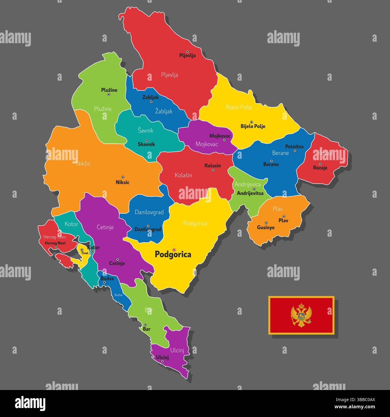 Vector map of Montenegro with names of cities and with borders city ...