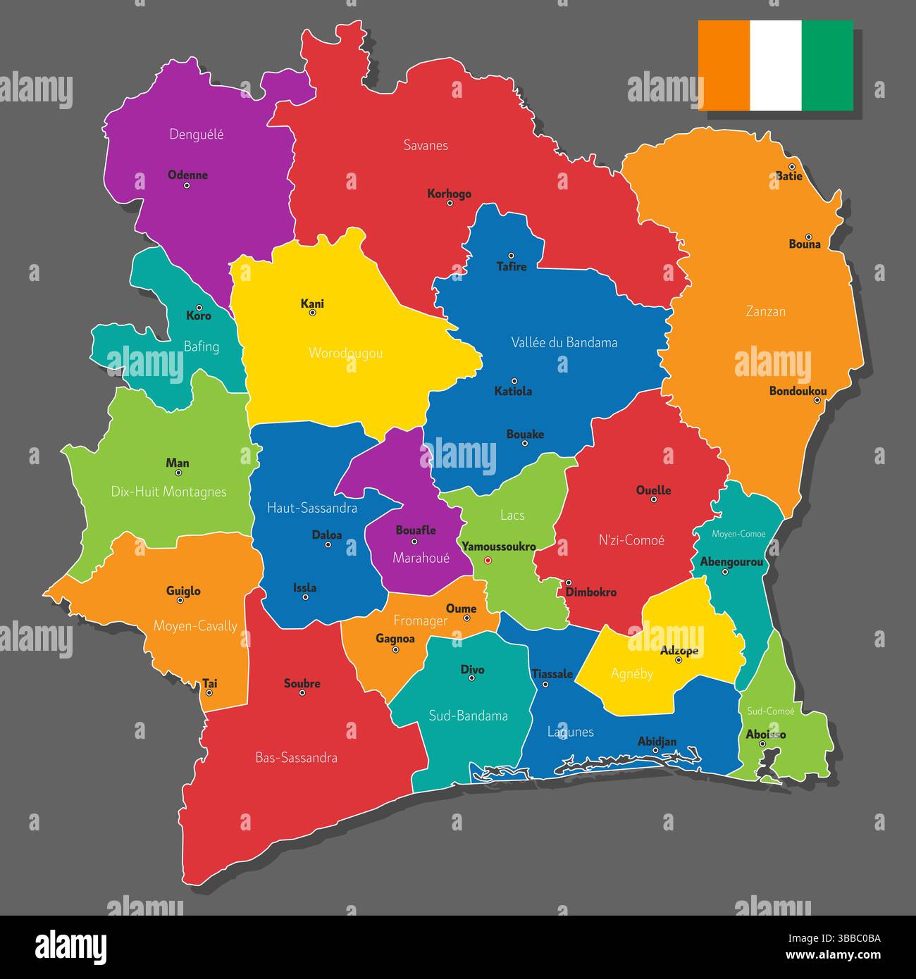 Vector map of Ivory Coast with names of cities and with borders city ...