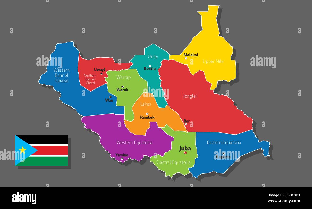 Vector map of South Sudan with names of cities and with borders city ...