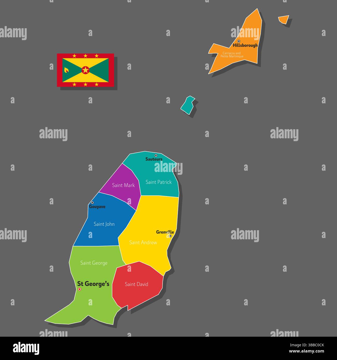 Vector map of Grenada with names of cities and with borders city Stock ...