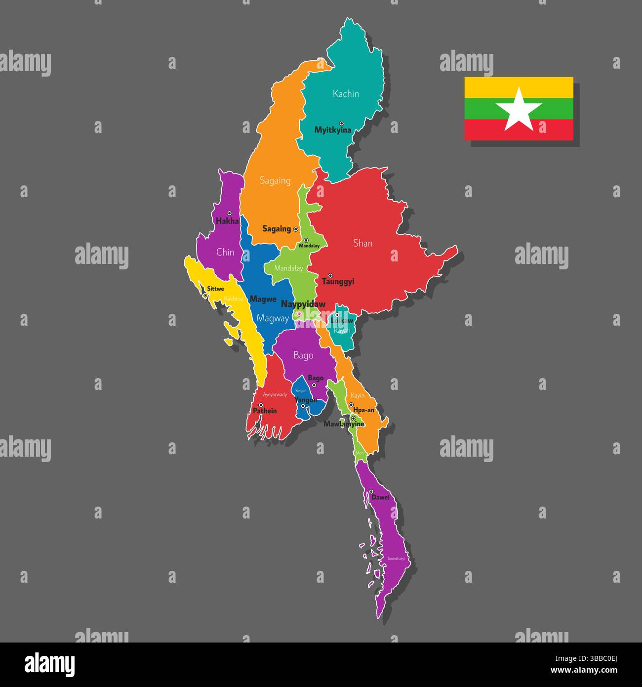 Vector map of Myanmar with names of cities and with borders city Stock ...