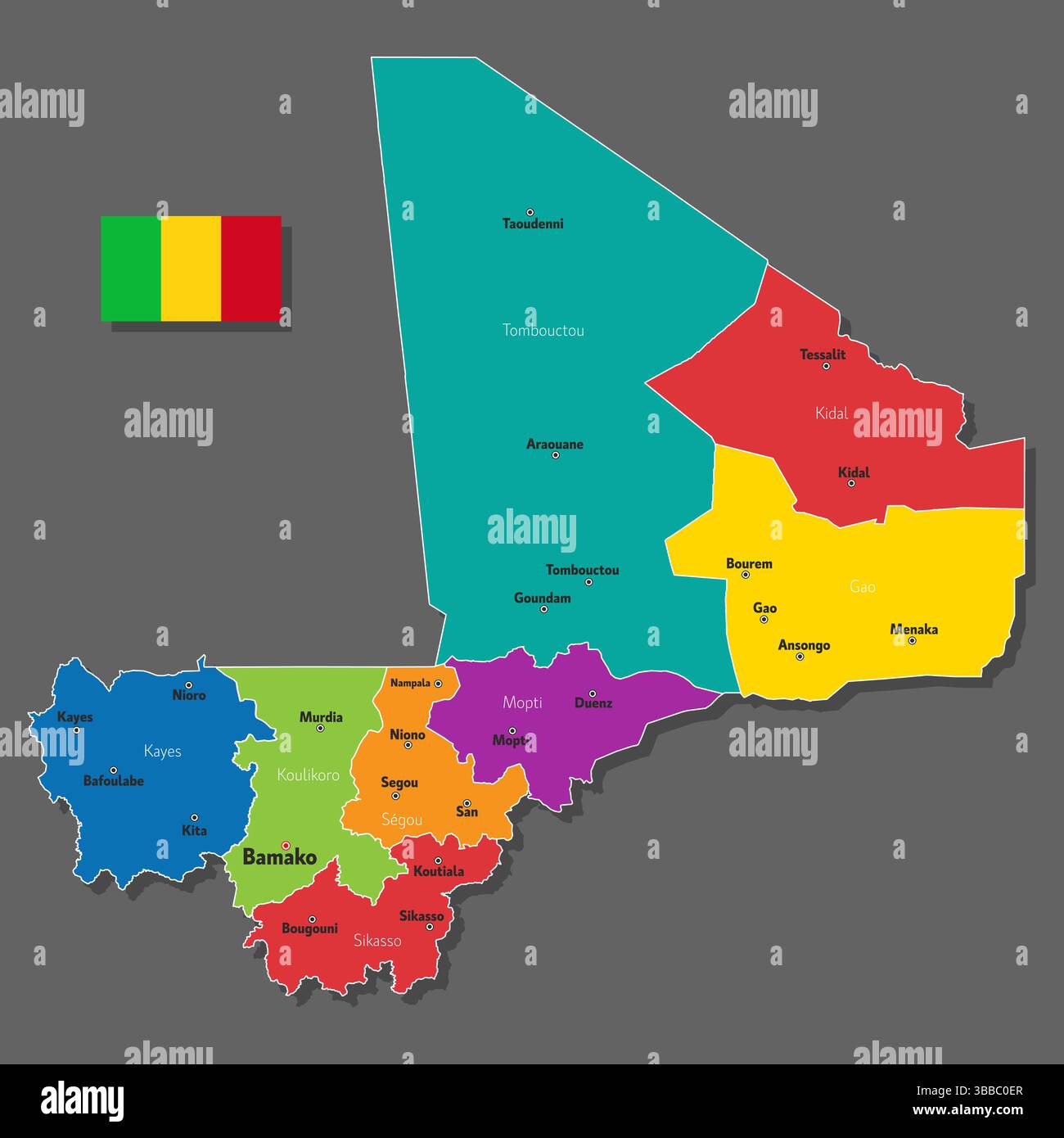 Vector map of Mali with names of cities and with borders city Stock ...