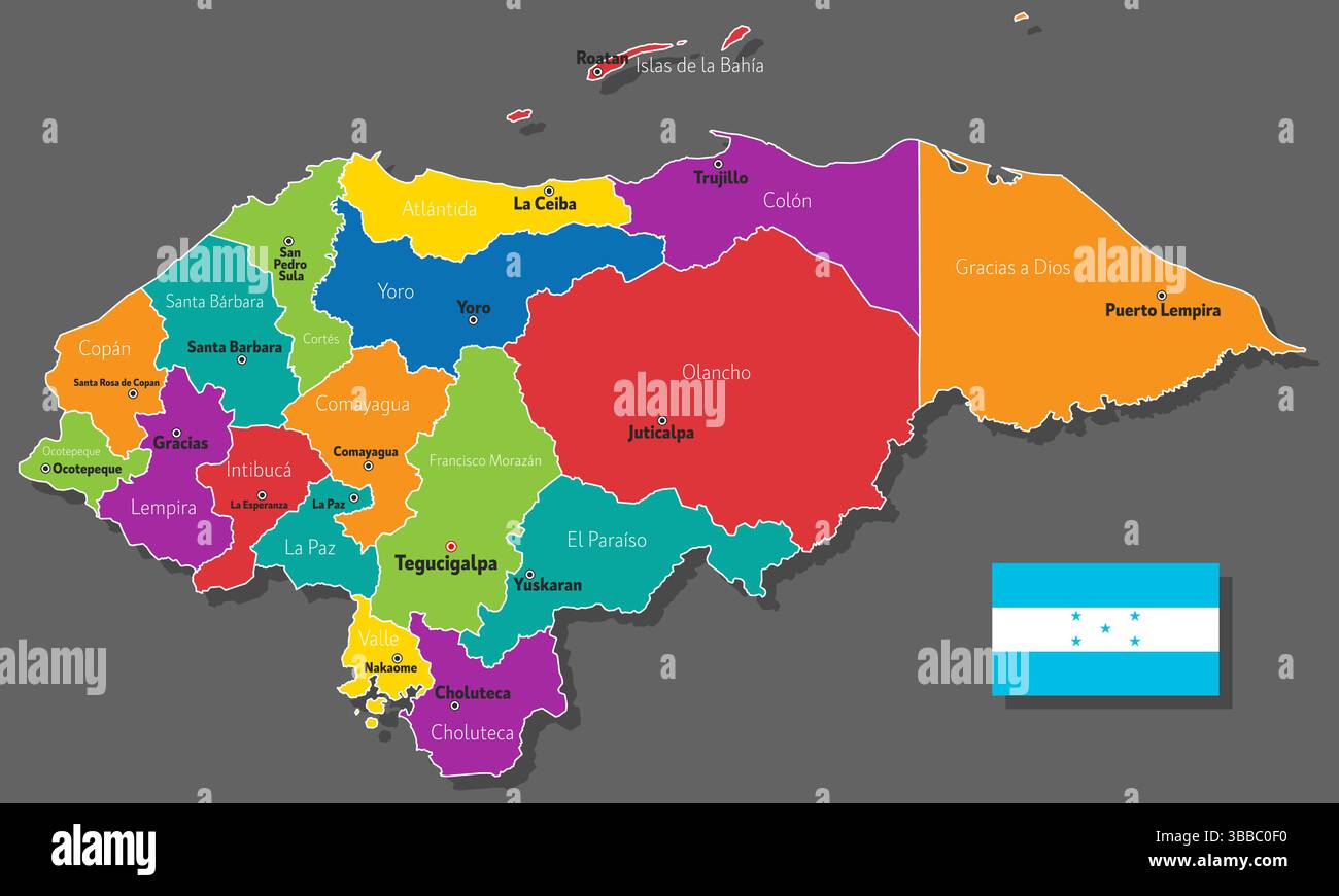 Vector map of Honduras with names of cities and with borders city Stock ...