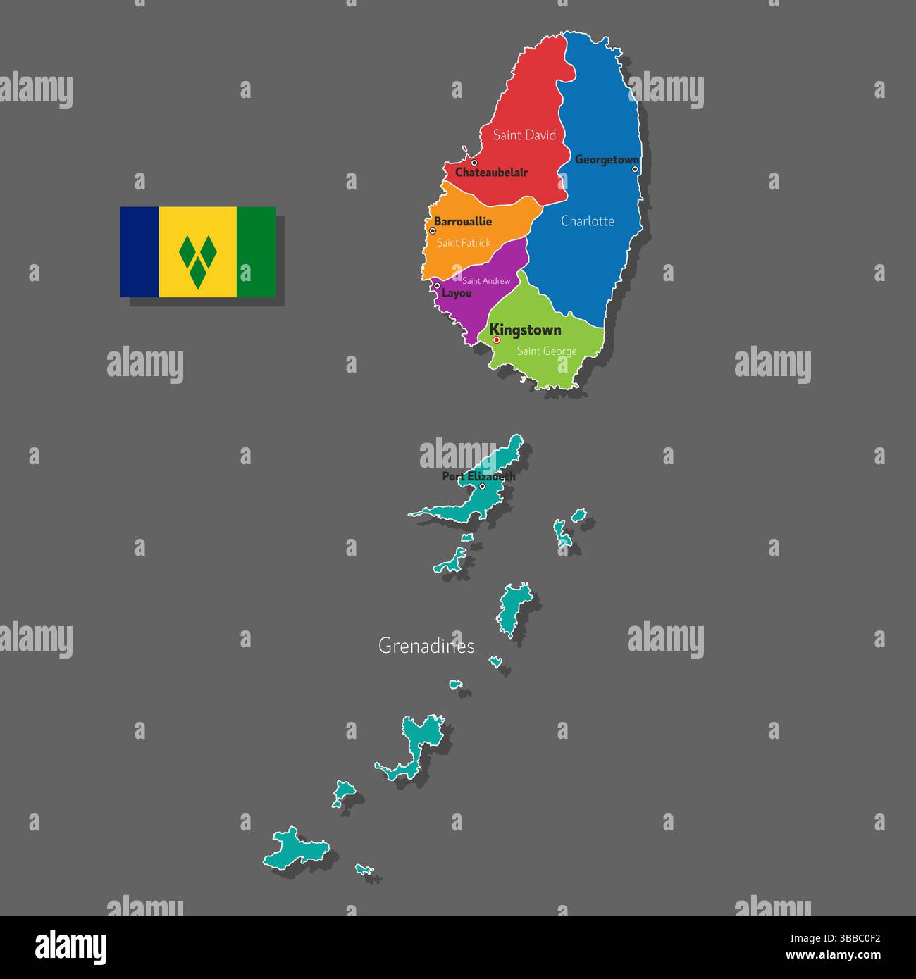 Vector map of Saint Vincent and the Grenadines with names of cities and ...