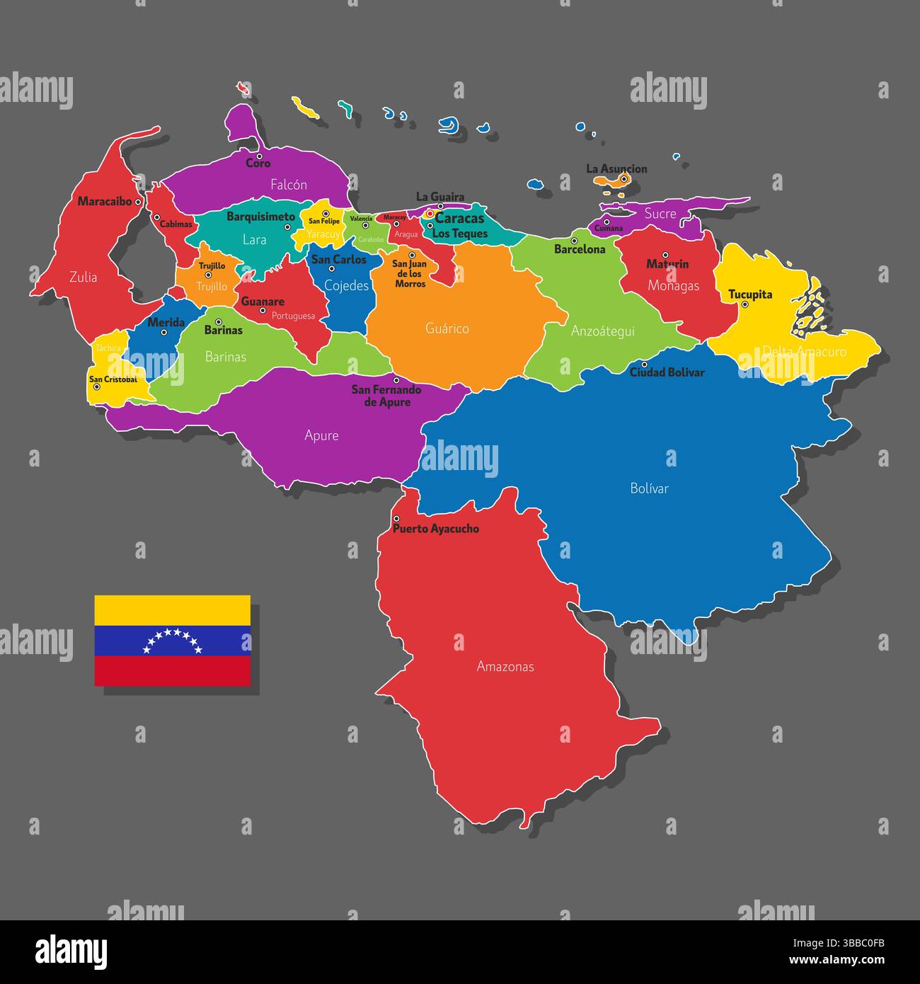 Vector map of Venezuela with names of cities and with borders city ...