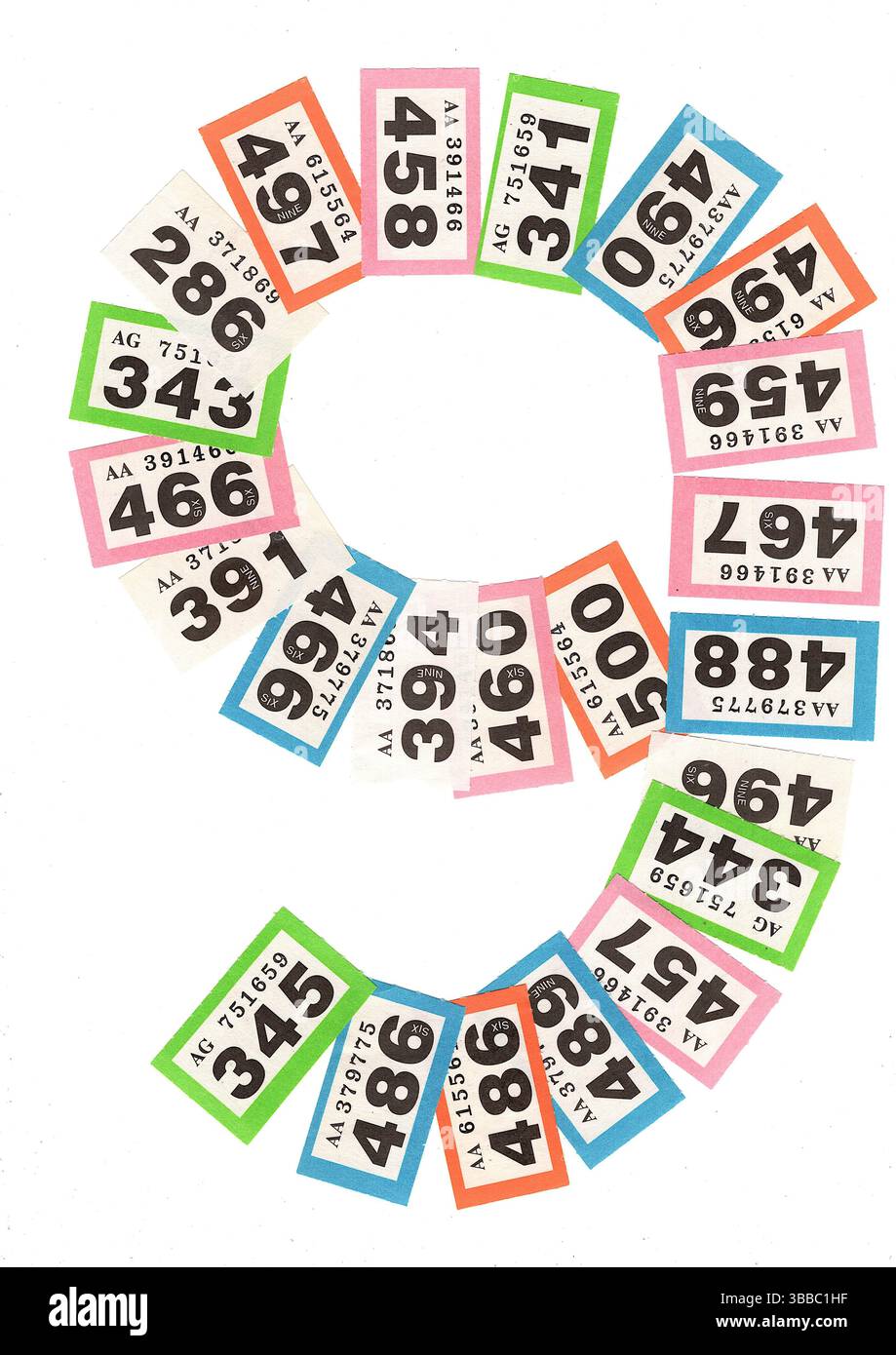 Raffle tickets in the shape of a number nine isolated on a white ...