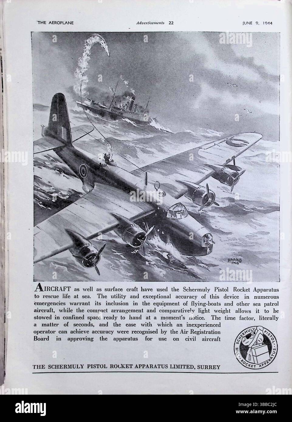 1944 advertisement for the Schermuly Pistol Rocket Apparatus, used by ...