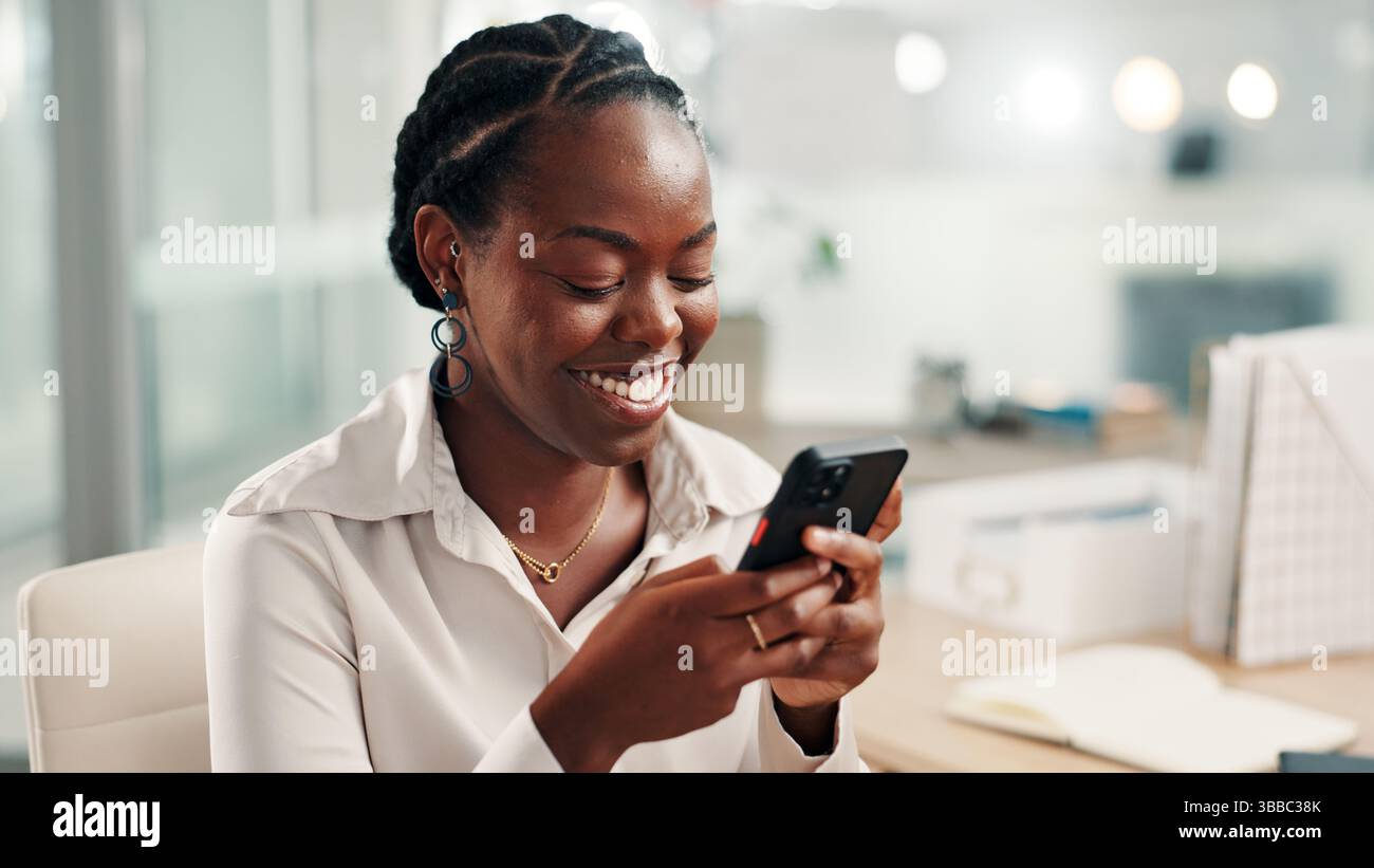 Smartphone, smile and business woman with texting, social media or ...