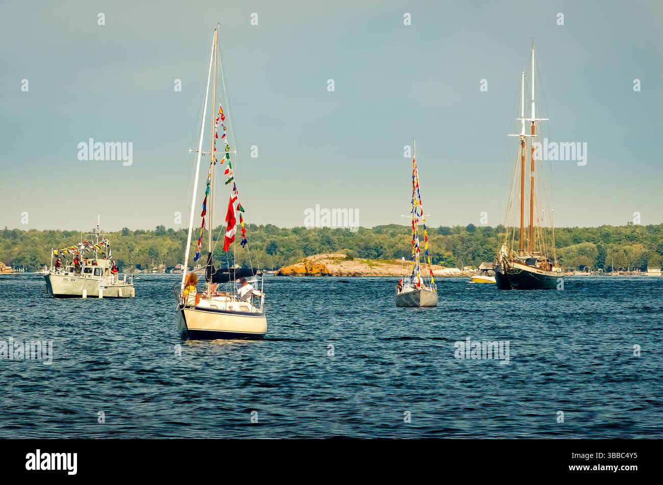 Multiple boats on a parade of sail on the St. Lawrence River in bright ...