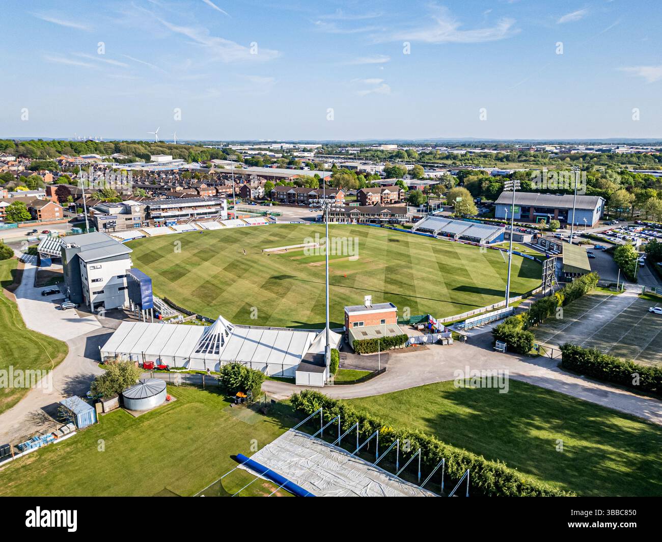 A view of Derbyshire Cricket Ground from the air, showing the whole ground, with a practice net ...