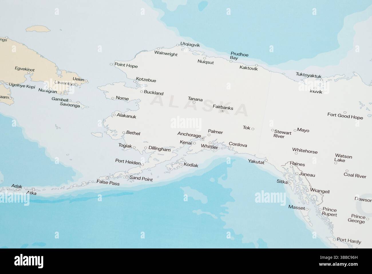 Macro photo of Alaska political map with country frontiers and most ...