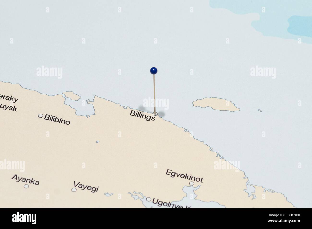 macro photo of a blue pin needle into billings city of Russia political ...