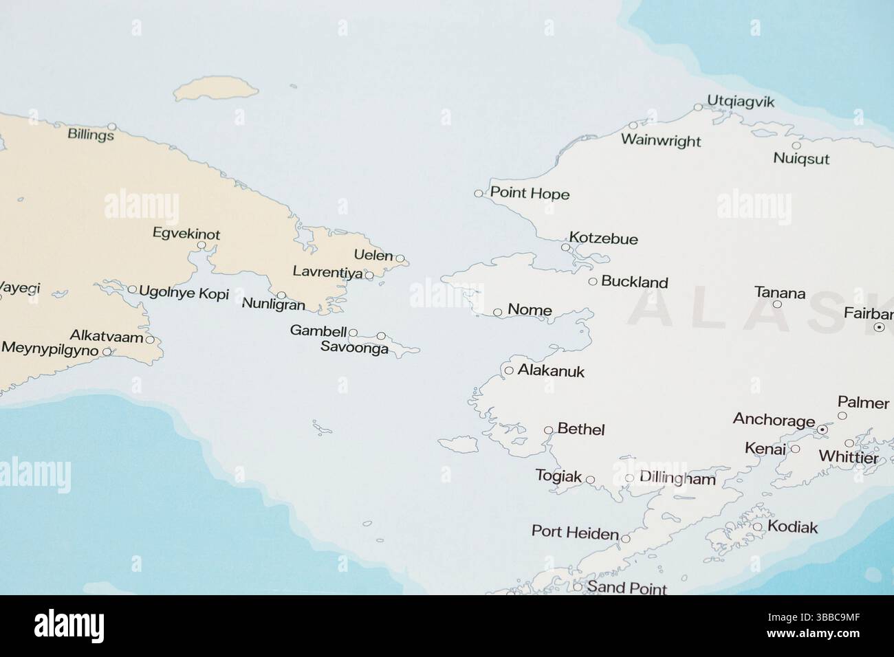 Macro photo of Bering Strait political map zone with russia and alaska ...