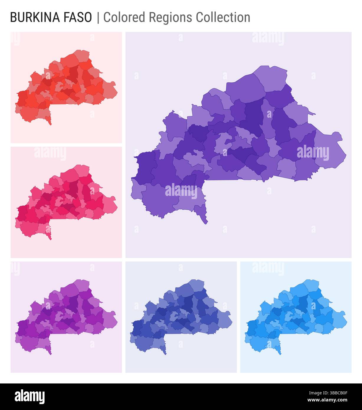 Burkina Faso map collection. Country shape with colored regions. Deep Purple, Red, Pink, Purple ...