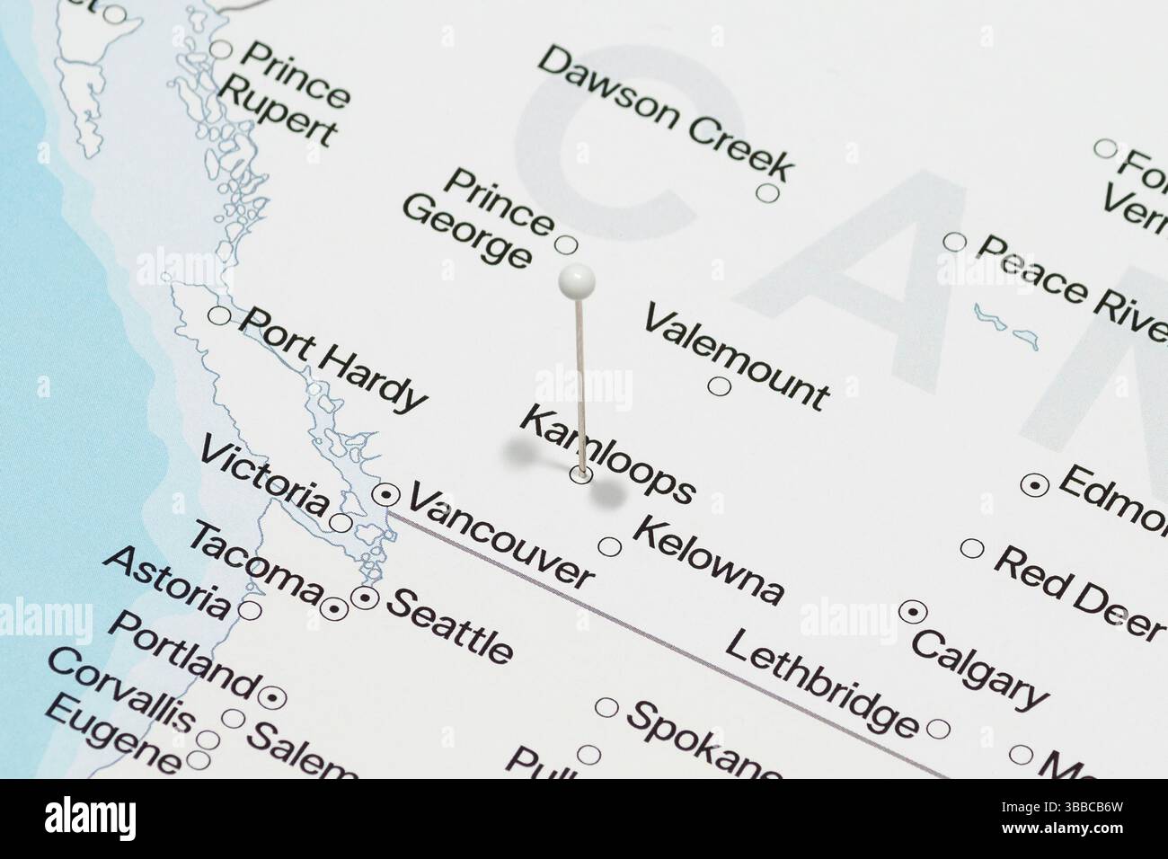 macro photo of a white pin needle into kamloops city of Canada ...