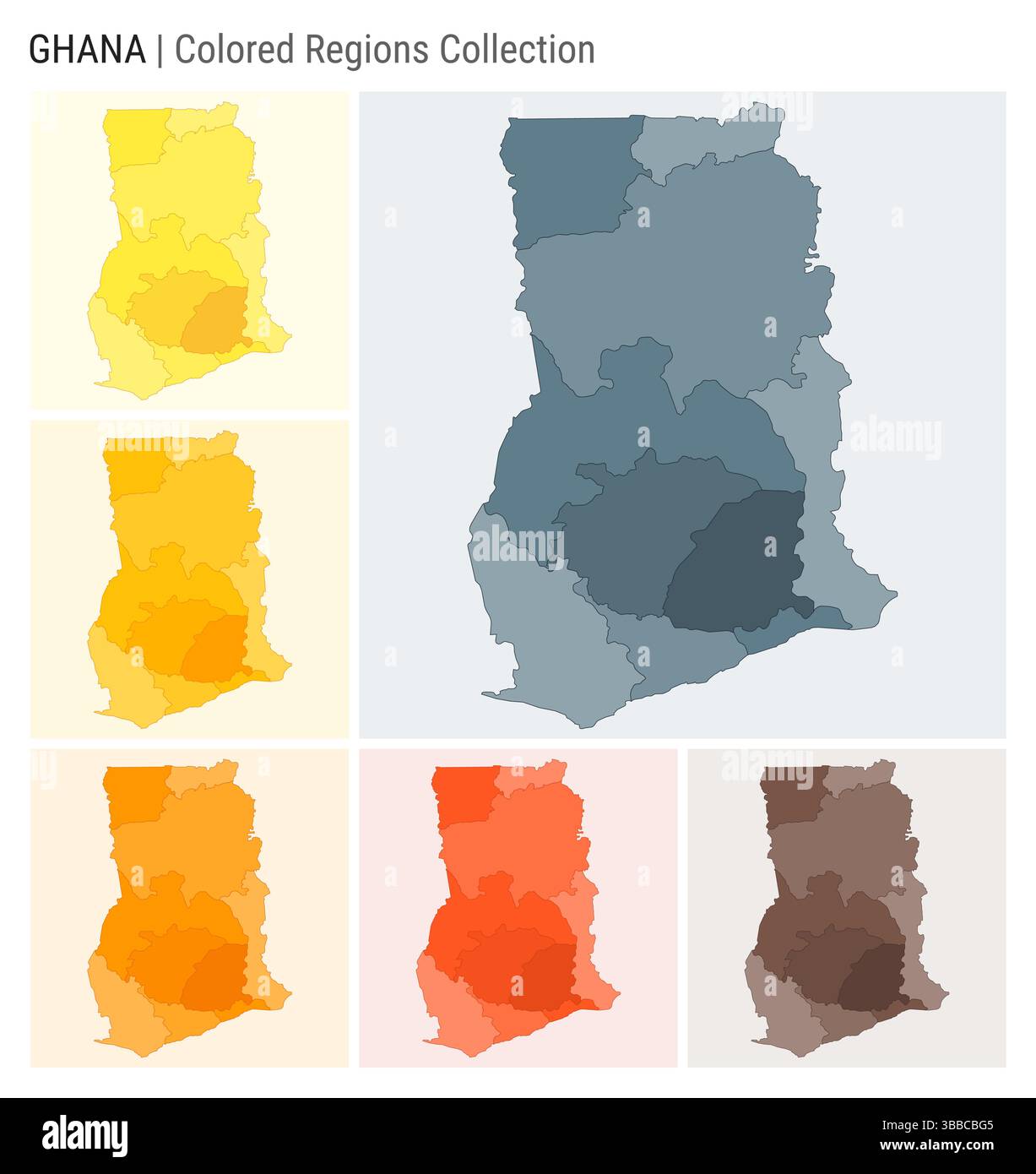 Ghana map collection. Country shape with colored regions. Blue, Grey ...