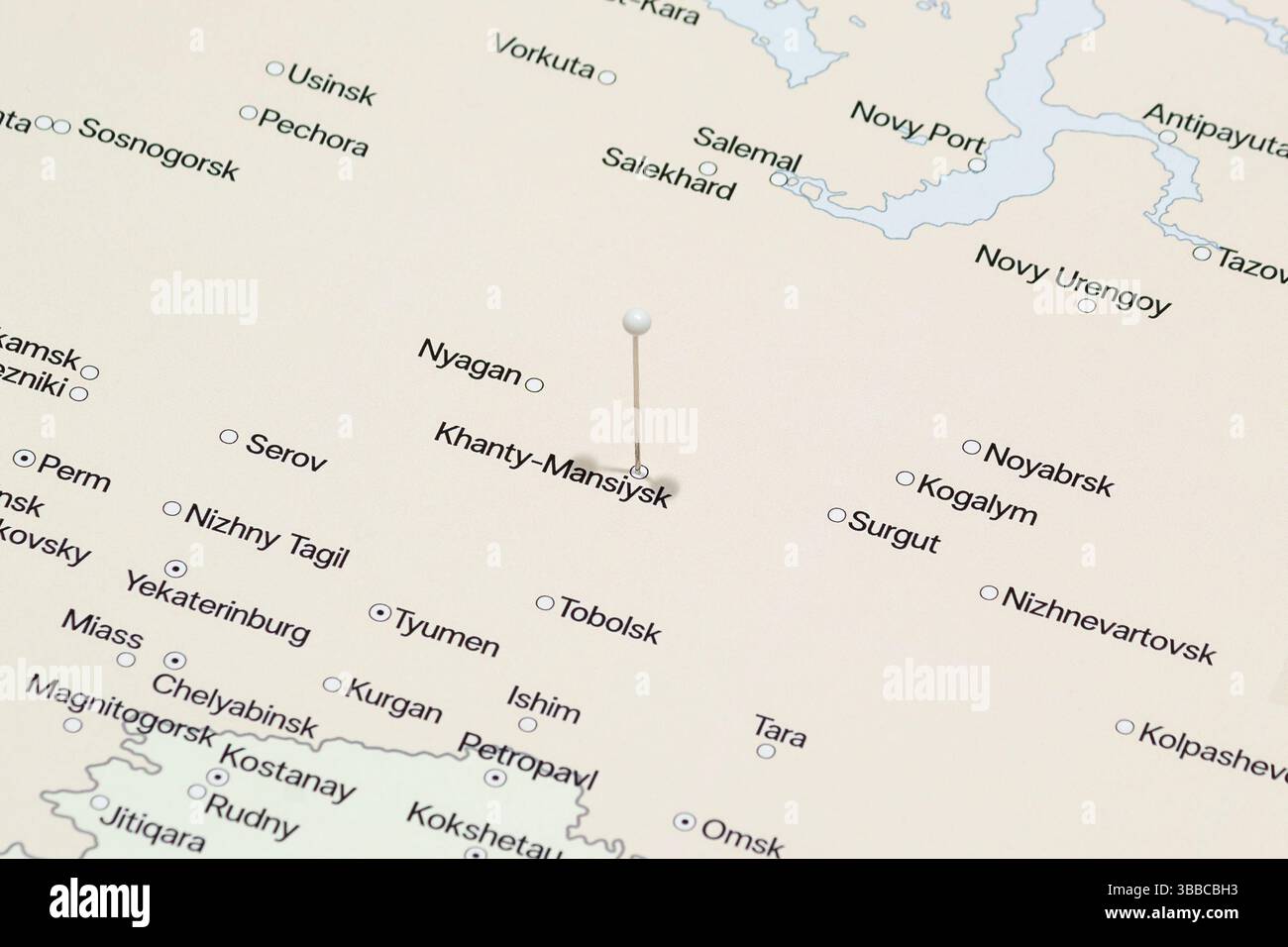 macro photo of a white pin needle into Khanty-Mansiysk city of Russia ...