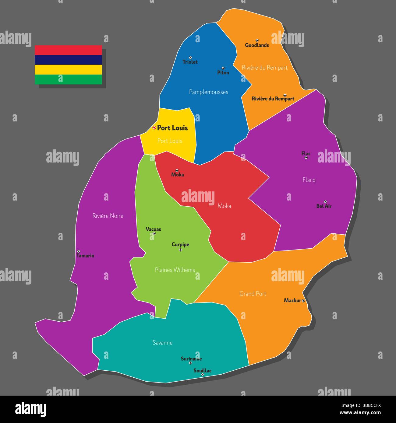 Vector map of Mauritius with names of cities and with borders city ...