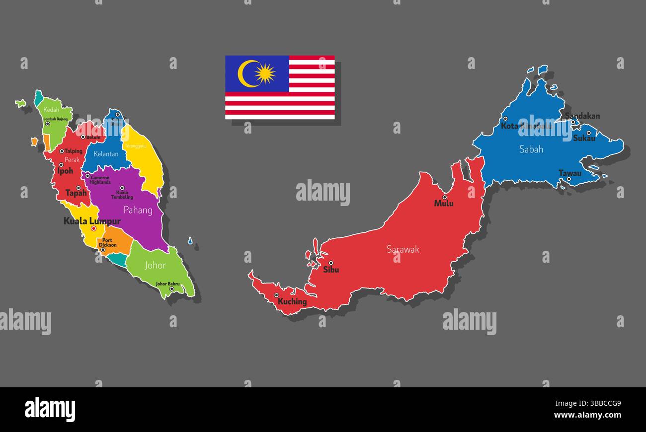 Vector map of Malaysia with names of cities and with borders city Stock ...