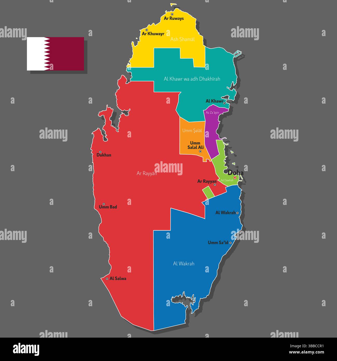 Vector map of Qatar with names of cities and with borders city Stock ...