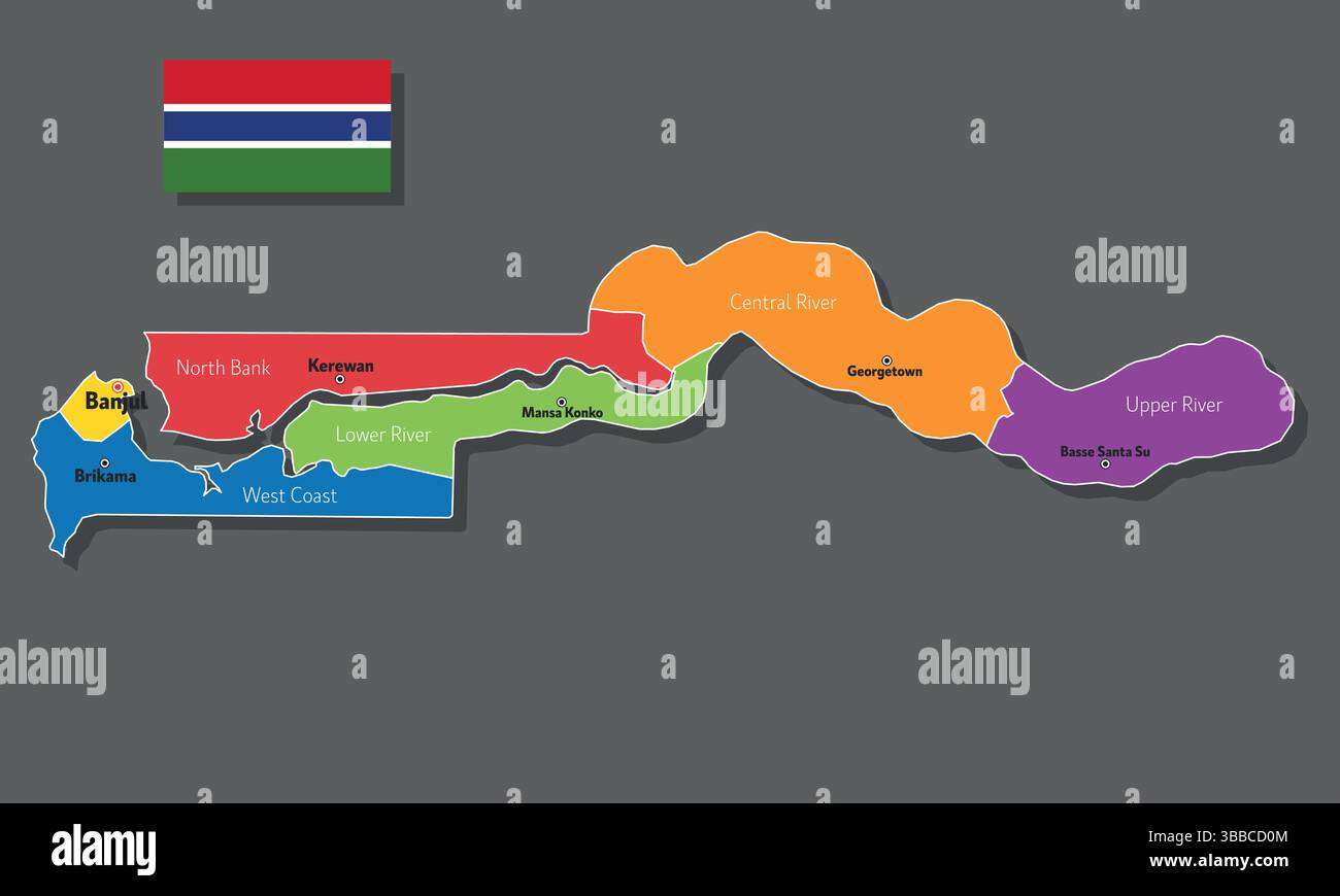 Vector map of Gambia with names of cities and with borders city Stock ...