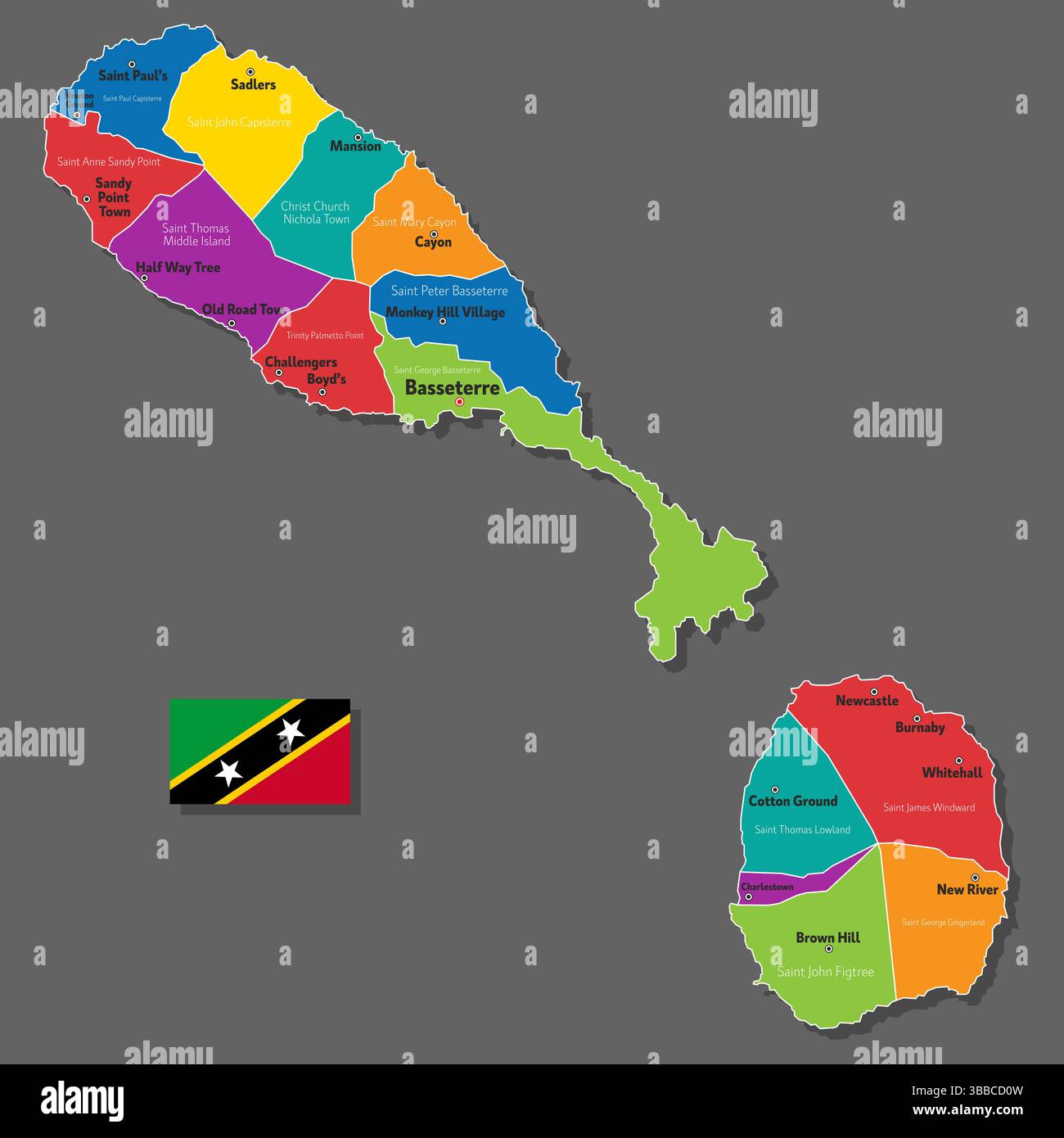 Vector map of Saint Kitts and Nevis with names of cities and with ...