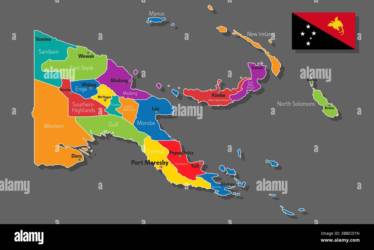 Vector map of Papua New Guinea with names of cities and with borders ...