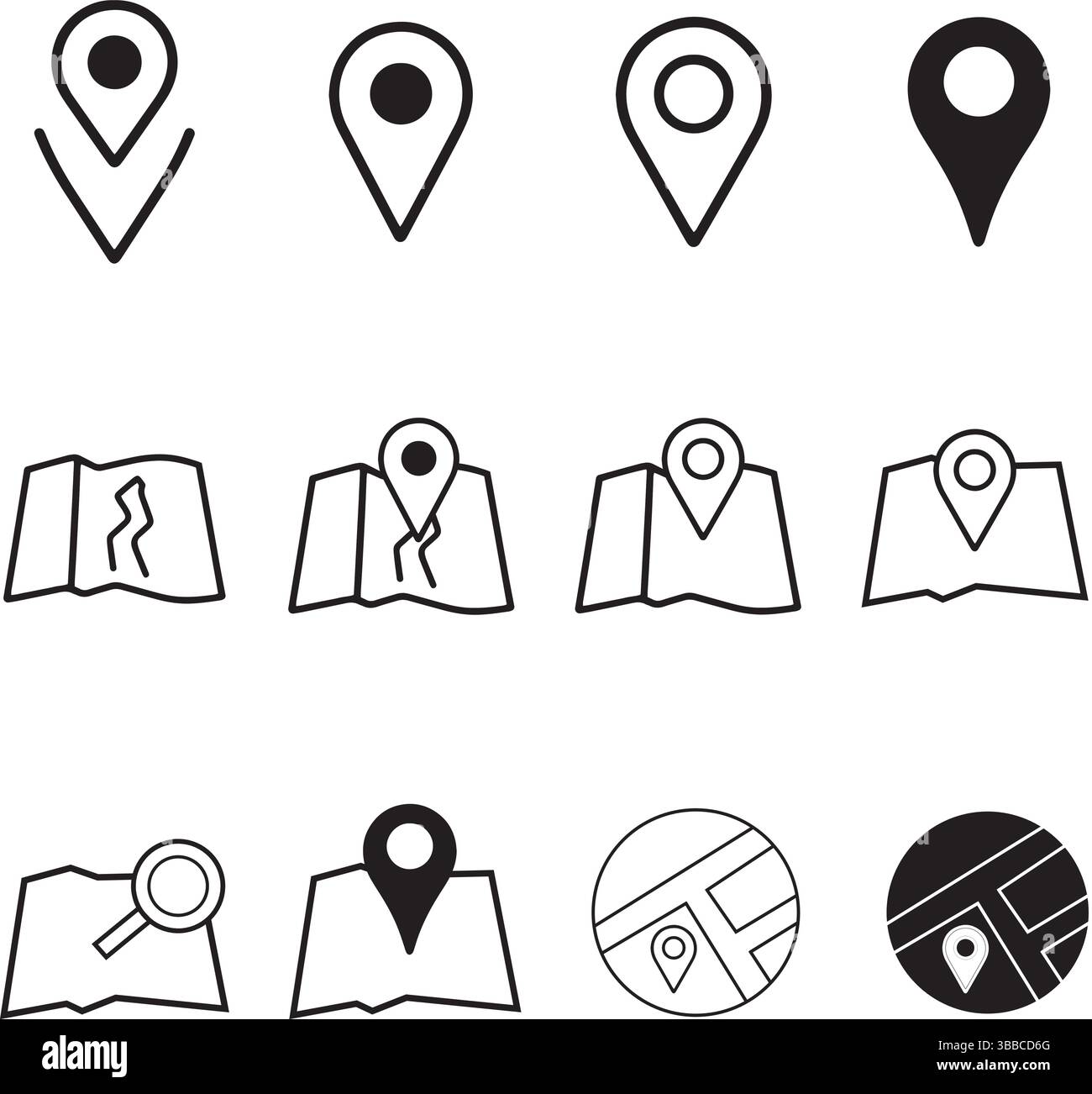Map Icon Set – Black and White Minimalist Vector Illustrations of ...