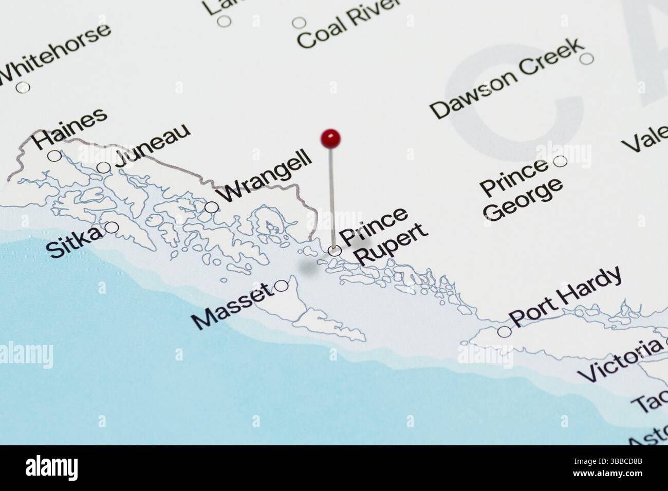 macro photo of a red pin needle into prince rupert city of Canada ...