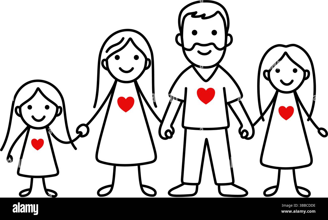 Hand-drawn linear family portrait illustration in a minimalist cartoon ...