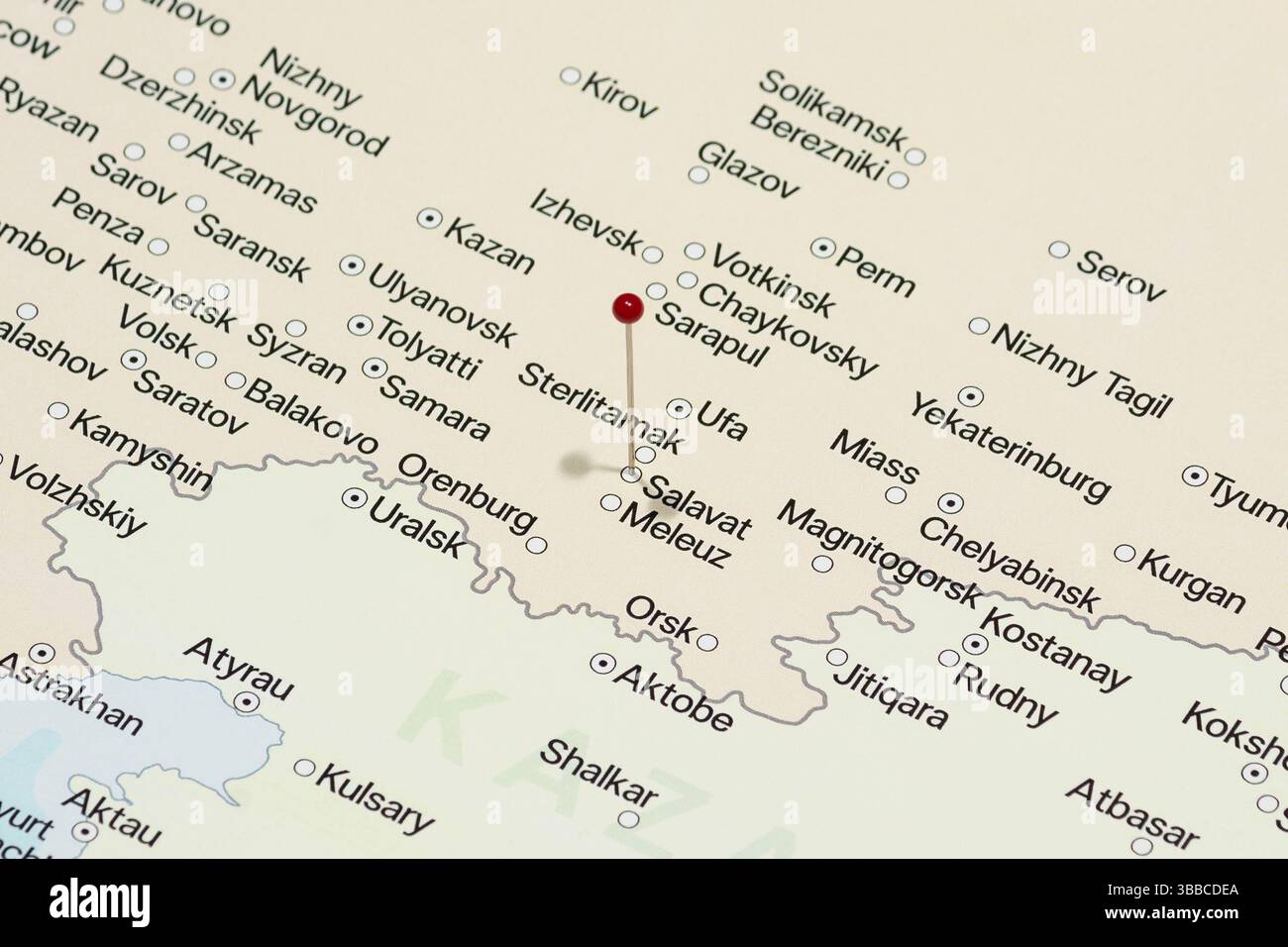 macro photo of a red pin needle into salavat city of Russia political ...