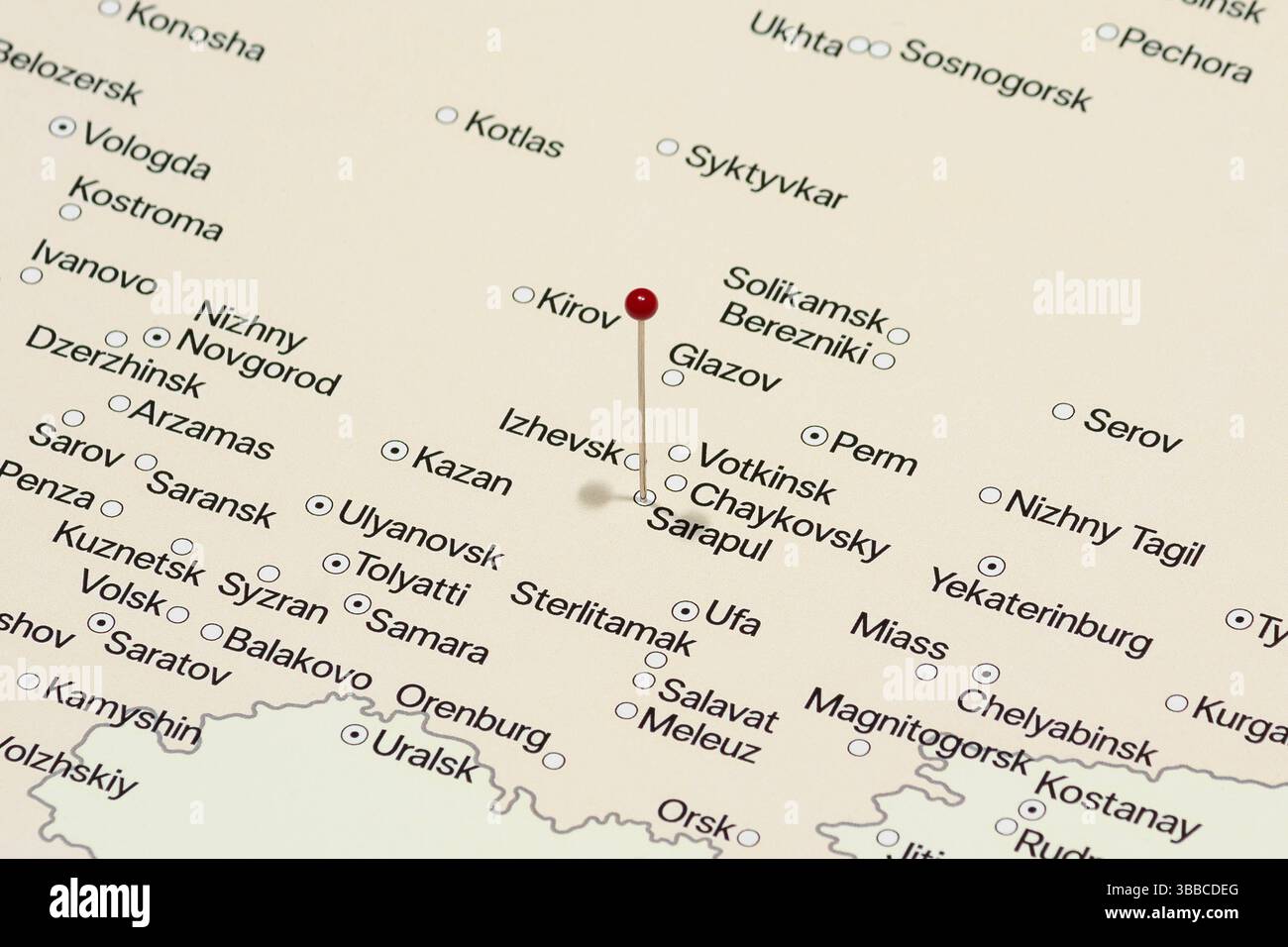 macro photo of a red pin needle into sarapul city of Russia political ...