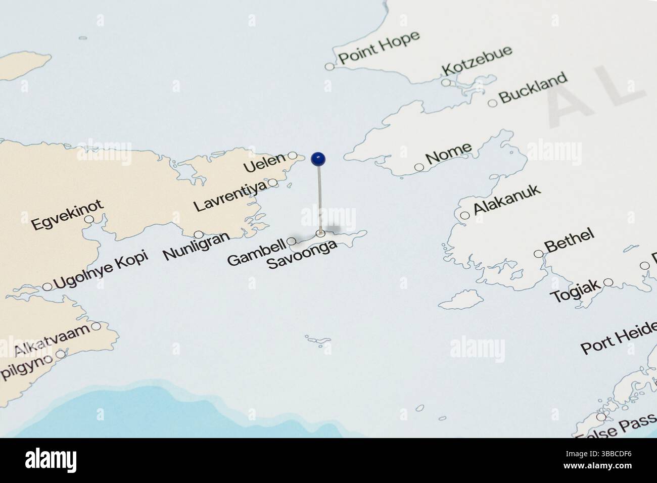 macro photo of a blue pin needle into savoonga city of Alaska territory ...