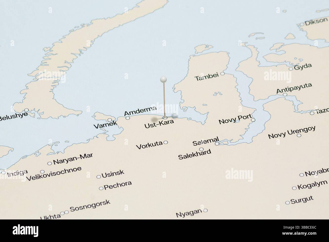 macro photo of a white pin needle into ust-kara city of Russia ...