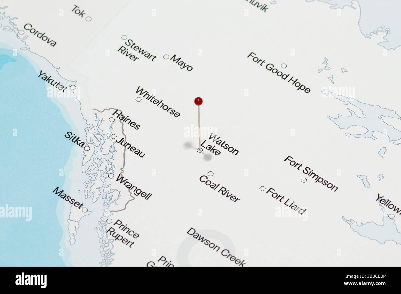 macro photo of a red pin needle into watson lake city of Canada ...