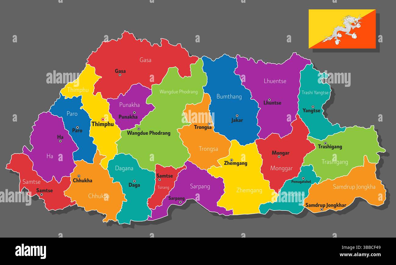Vector map of Bhutan with names of cities and with borders city Stock ...