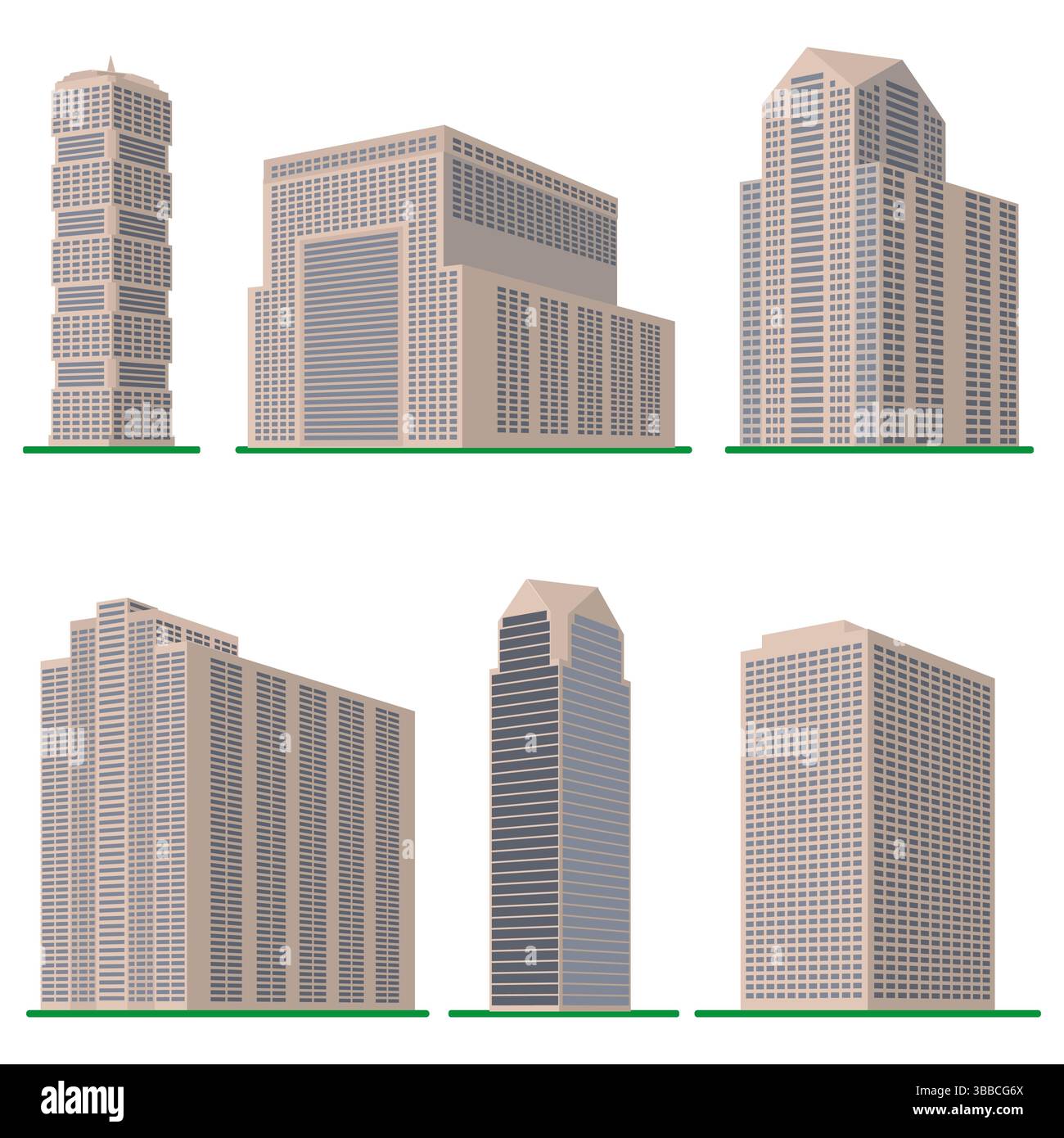 Set of six modern high-rise building on a white background. View of the ...