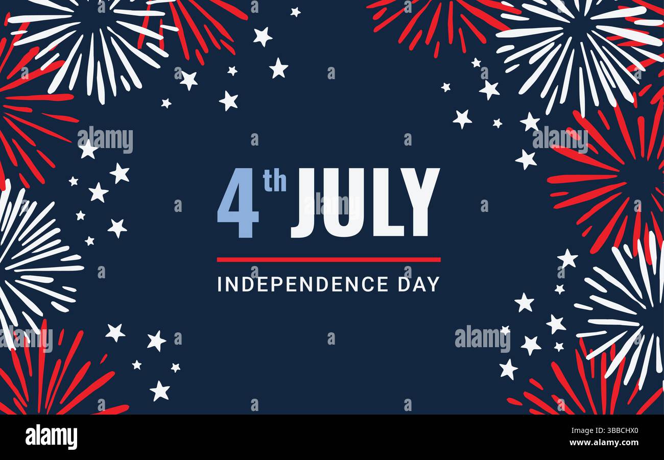 4th of July greeting card, invitation. Hand drawn fireworks, stars ...