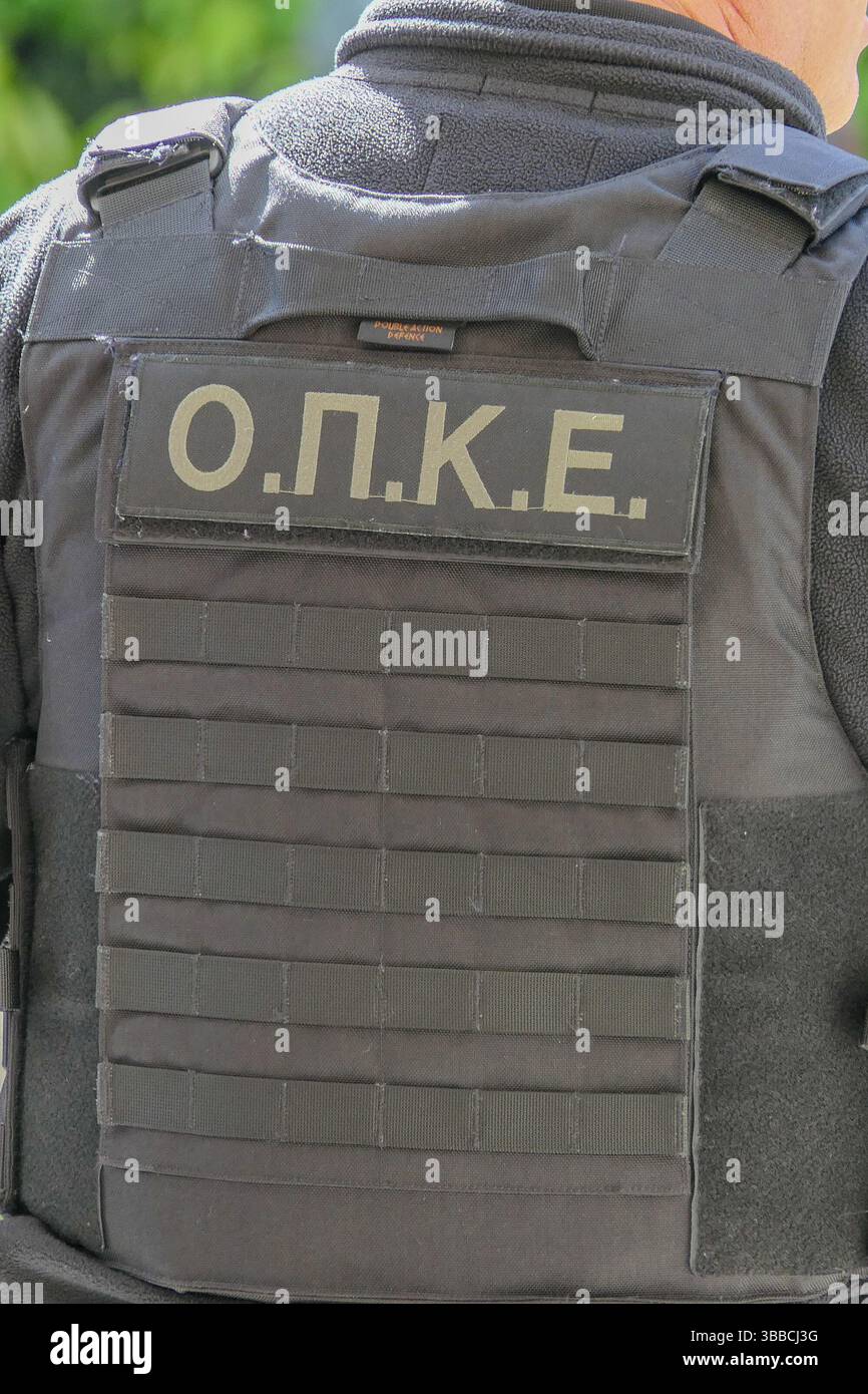 Thessaloniki, Greece, May 4, 2025. A police officer's uniform with the ...