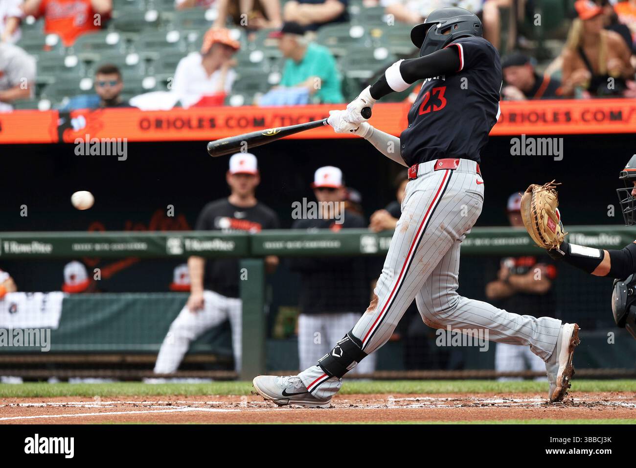 Minnesota Twins' Royce Lewis hits a single during the third inning of a ...