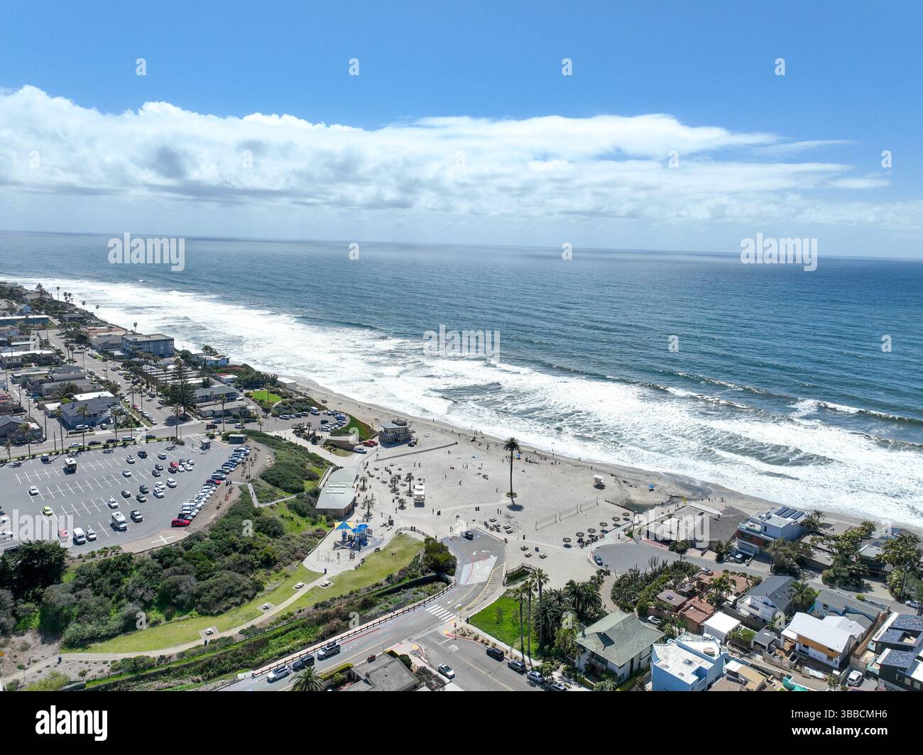 Aerial view of wealthy Encinitas town with blue ocean in San Diego ...