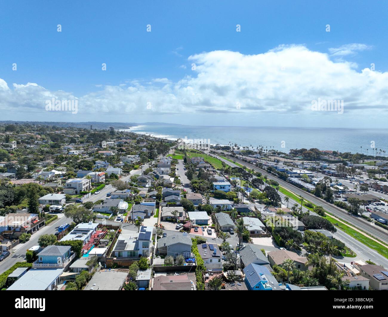Aerial view of wealthy Encinitas town with blue ocean in San Diego ...