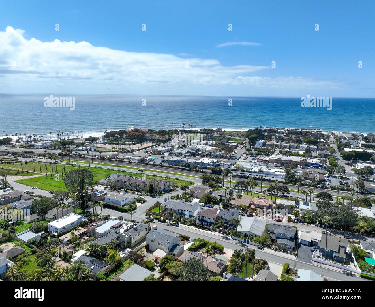 Aerial view of wealthy Encinitas town with blue ocean in San Diego ...