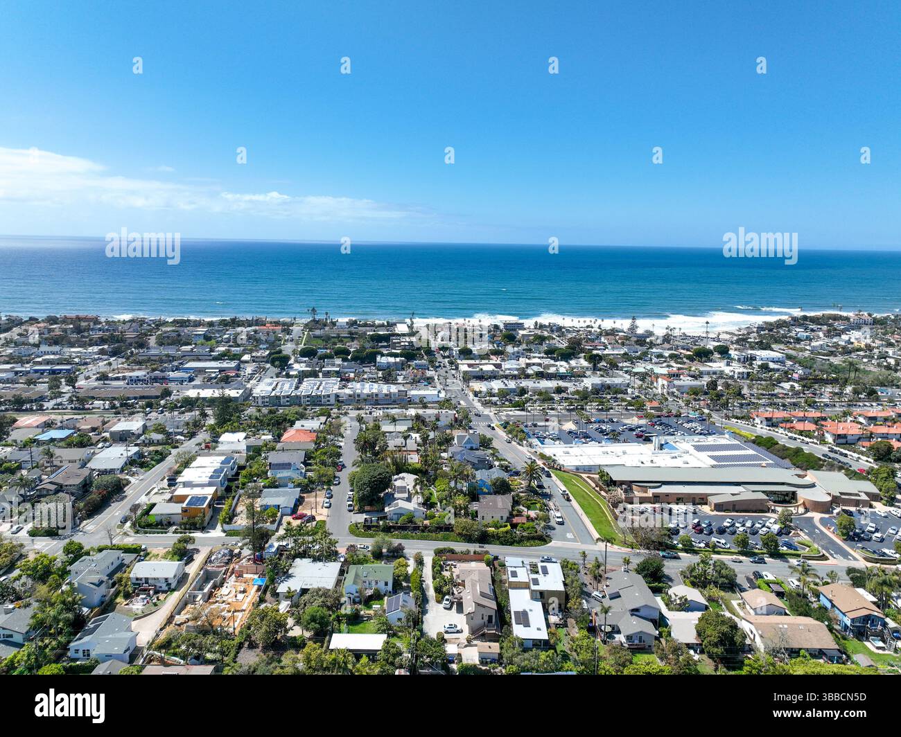 Aerial view of wealthy Encinitas town with blue ocean in San Diego ...
