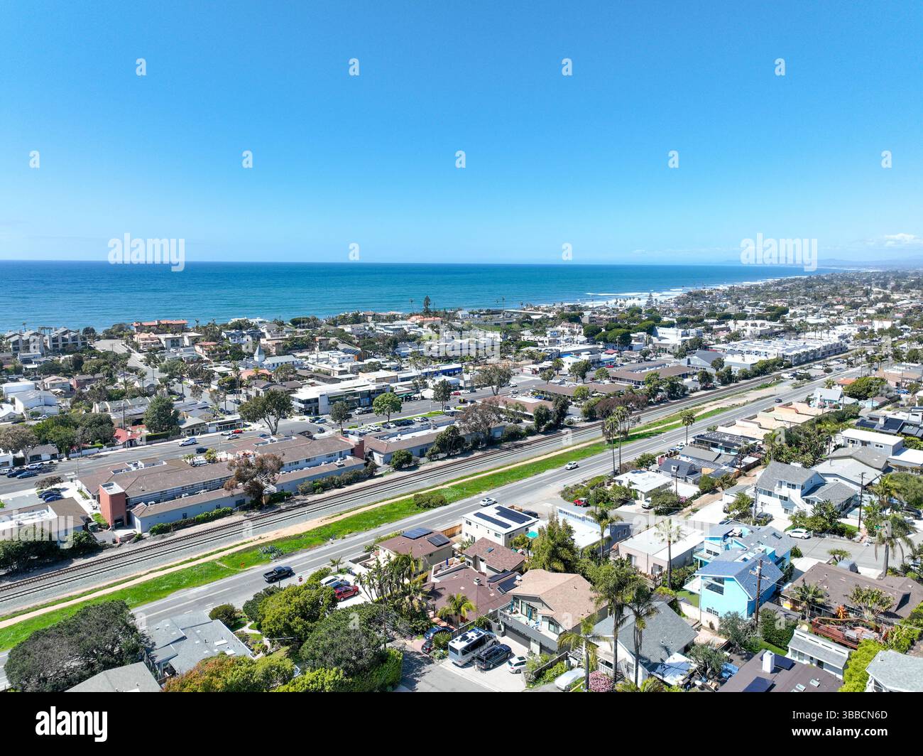 Aerial view of wealthy Encinitas town with blue ocean in San Diego ...