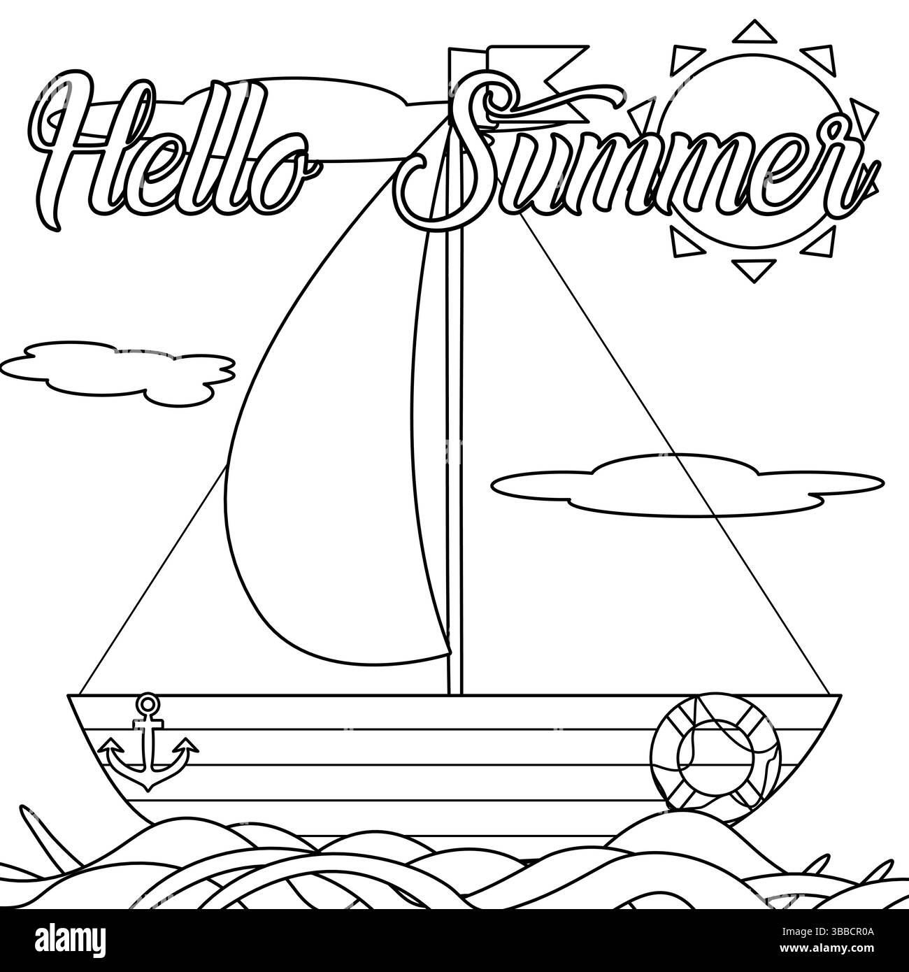 Coloring with outline a scene of a sailboat with flag sailing on ocean ...