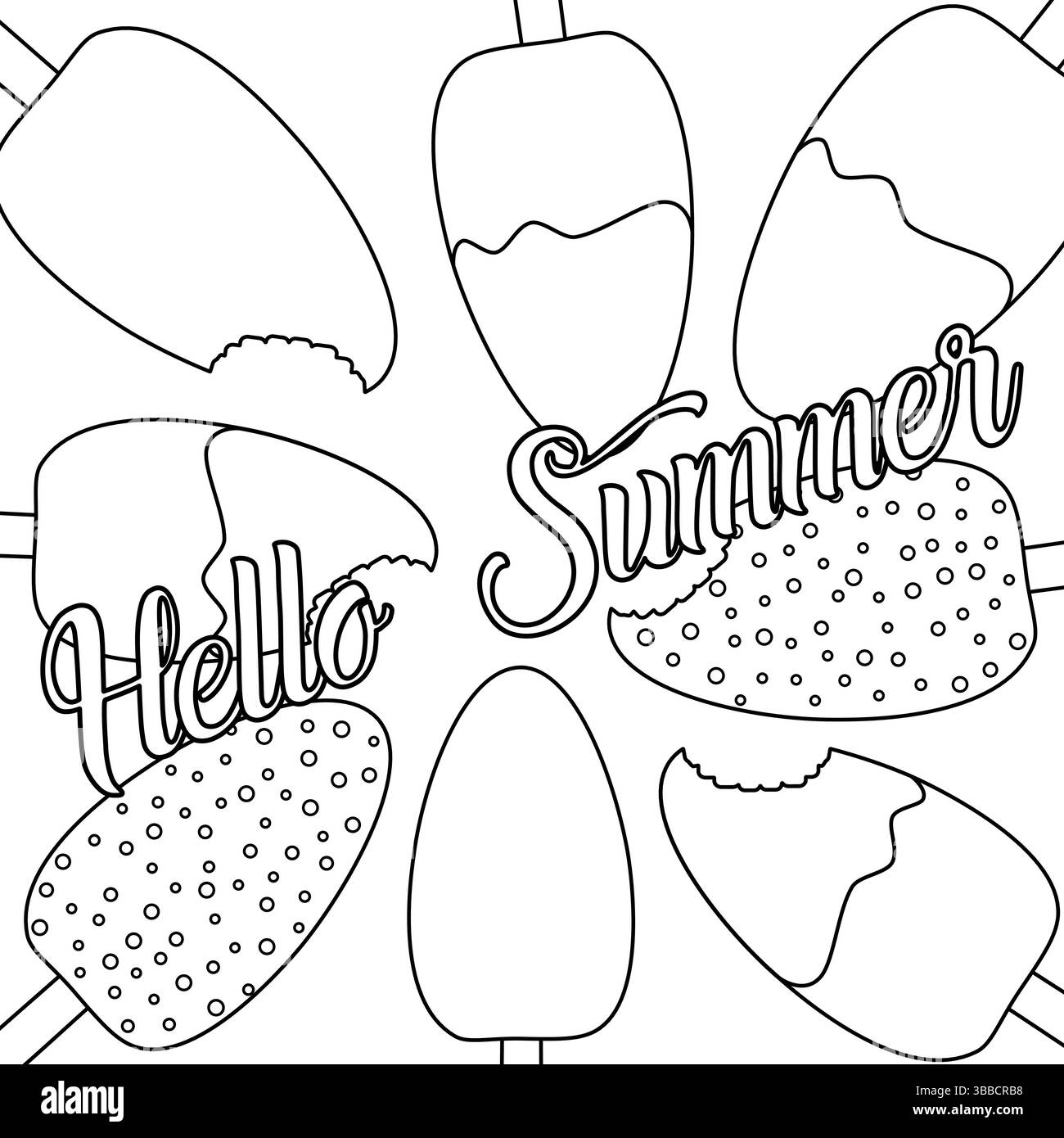 Coloring page with outline drawing a scene of ice cream frame on stick ...