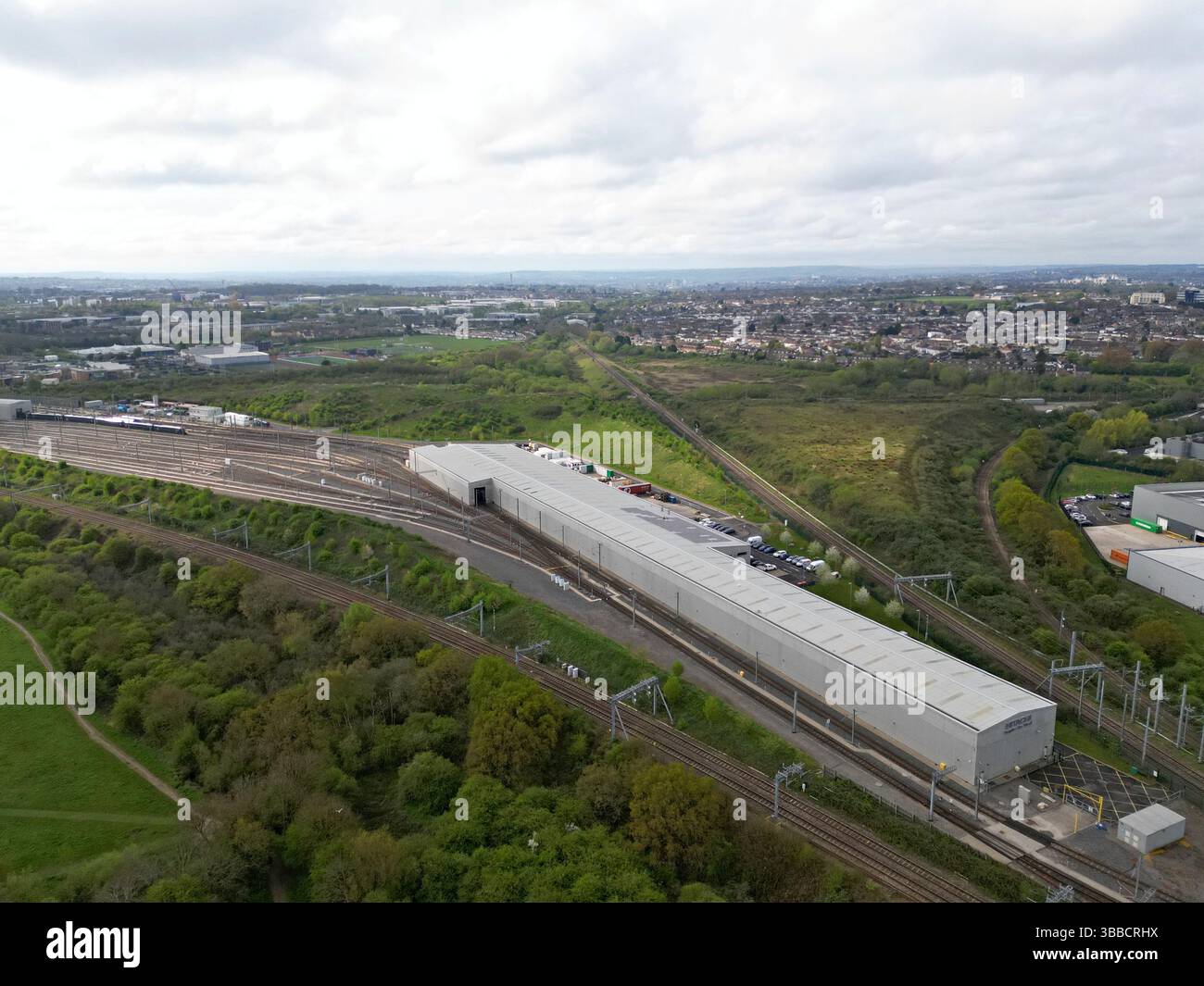 Aerial drone view of GWR/Hitachi Rail train maintenance depot at Stoke ...