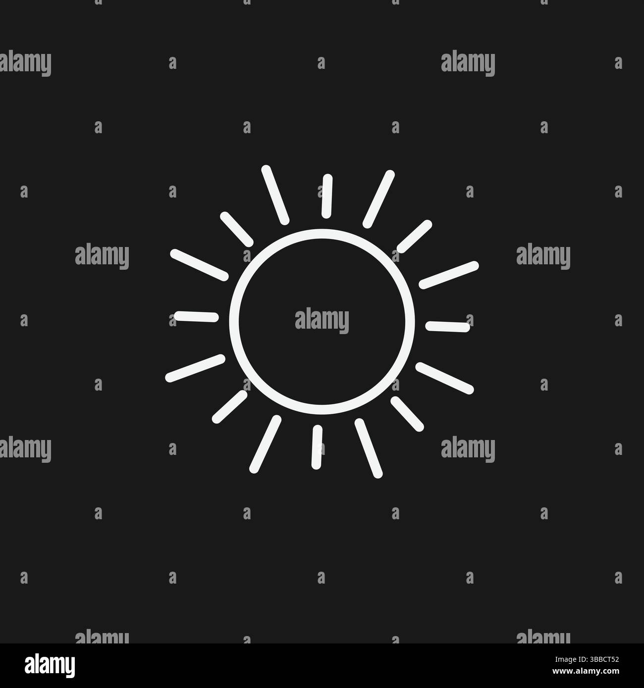 White Outline Icon Sun with Rays on Black Background, Weather Symbol ...