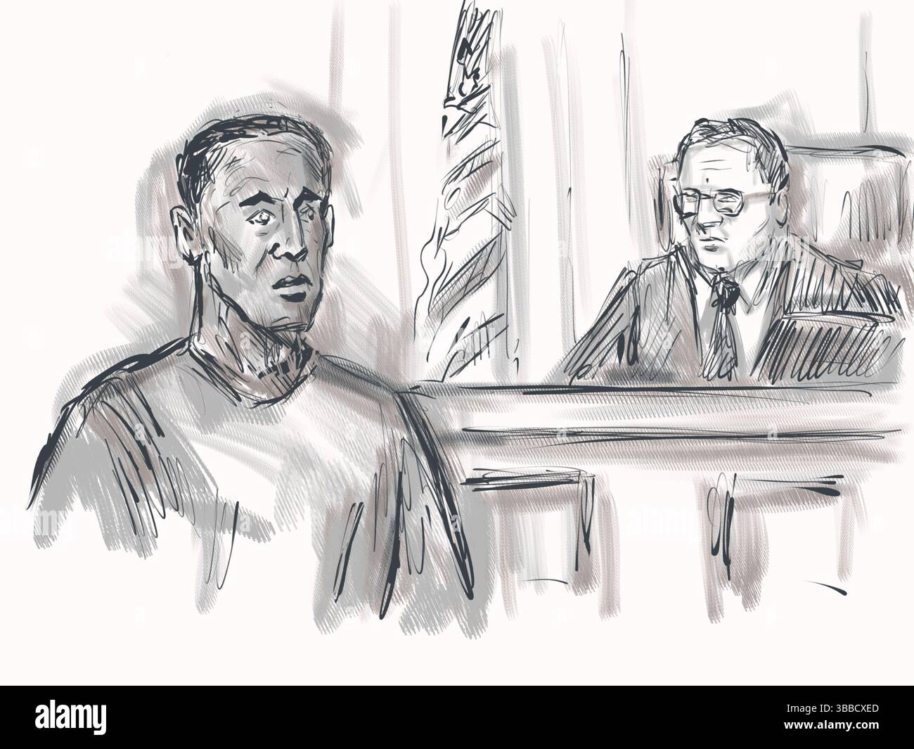 Pastel pencil pen and ink sketch illustration of a courtroom trial ...